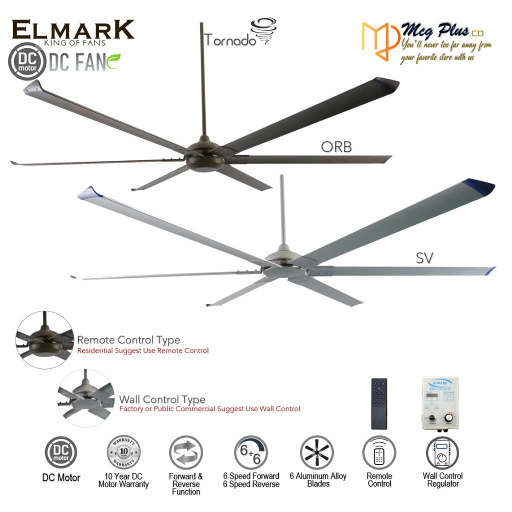 Elmark Tornado HVLS Fan DC PMSM Motor 100” / 120” Remote Control / Wall ...