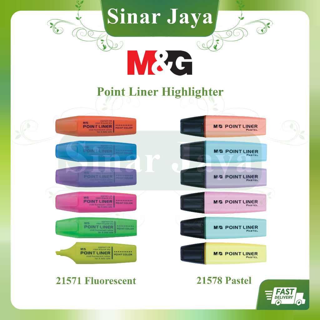 [SJ] M&G Point Liner Highlighter Pen 21571 Fluorescent & 21578 Pastel ...