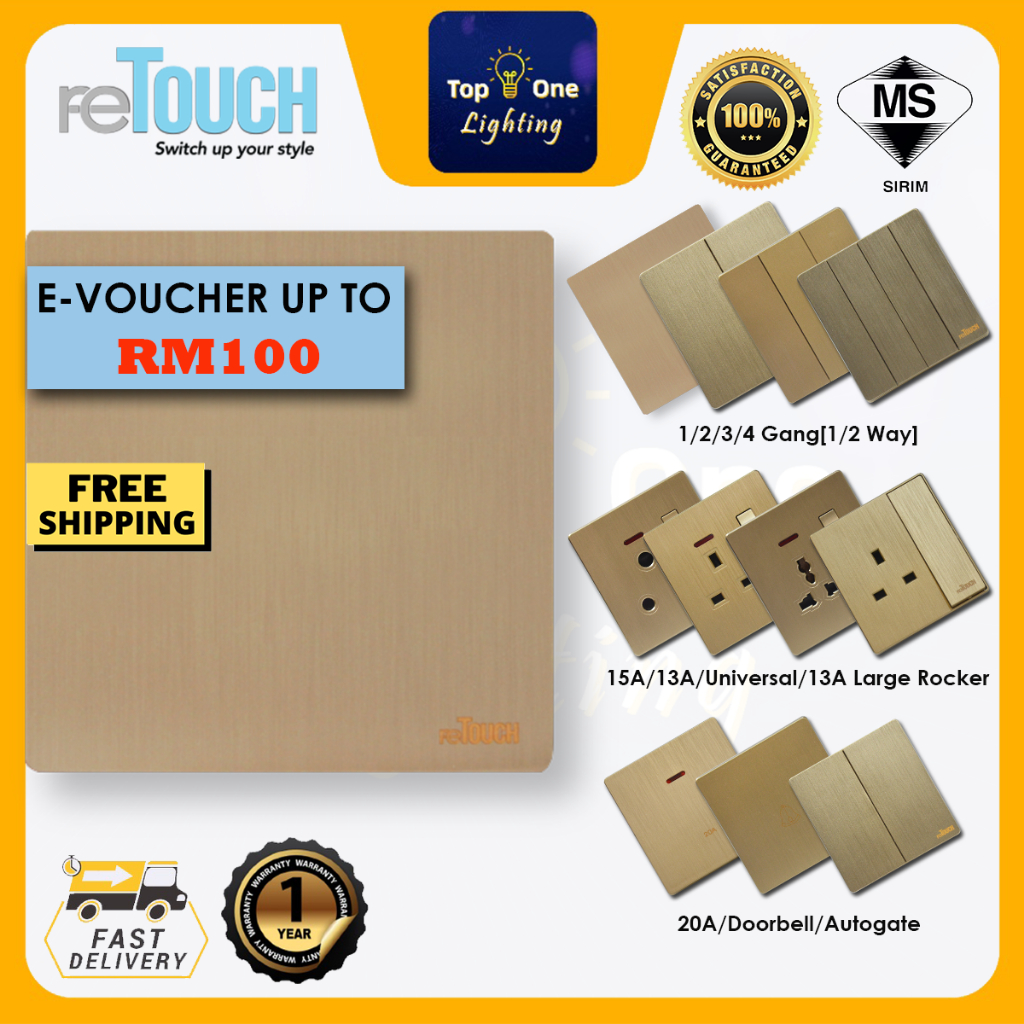 [GOLD] reTouch Ultra Rimless Switch 1/2/3/4 Gang 1/2Way Wall Switch 13A ...