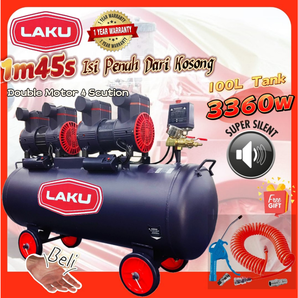 LAKU SYW1680*2-100L 3360w 100L Silent Oiless Air Compressor Mesin Angin ...