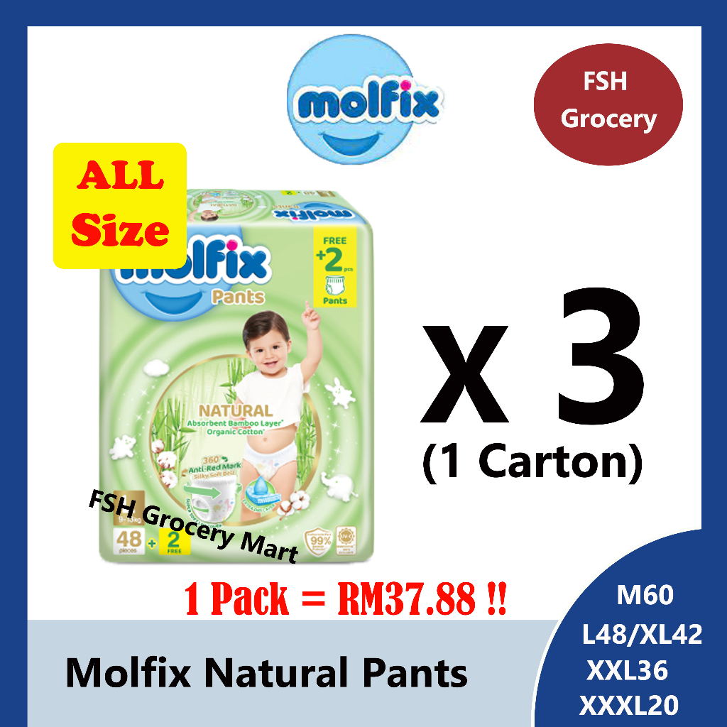 Molfix Natural Diapers Pants ( M58 / L48 / XL42 / XXL 36 / XXXL 20) X 3 ...