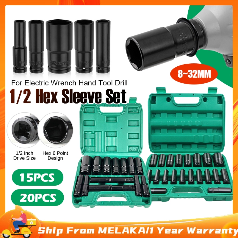 20PCS 1/2 Inch Long Impact Socket Set Black Deep Box Set Tool Set 8mm - 32mm Spanar Box Tool ...