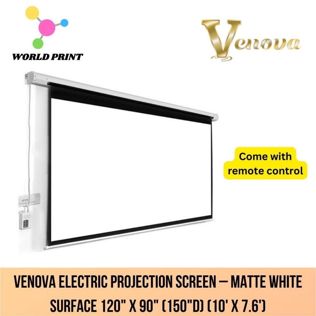 VENOVA V-ELC-150 ELECTRIC PROJECTION SCREEN – MATTE WHITE SURFACE 120" x 90" (150"D) (10' x 7.6 ...