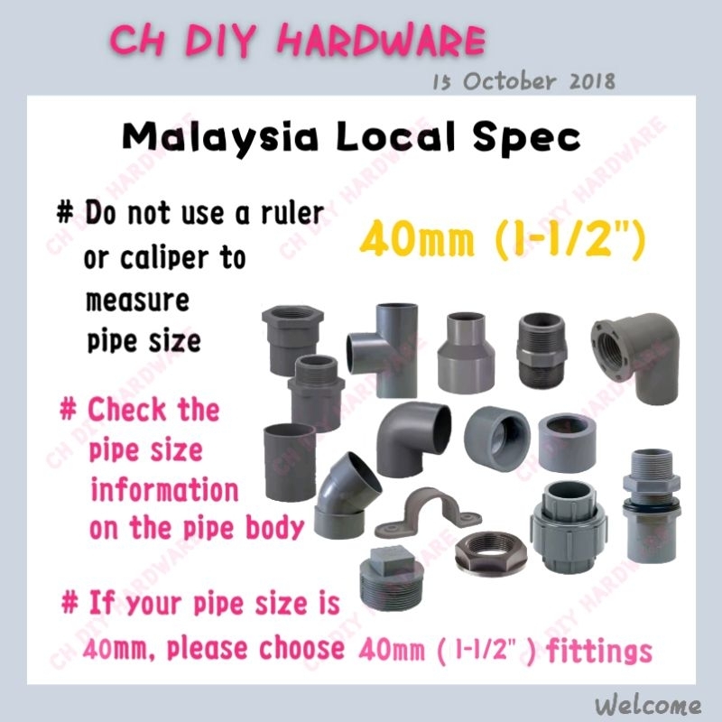 40MM ( 1-1/2" ) PVC PIPE FITTING / PVC ELBOW, SOCKET, TEE, PLUG, END ...