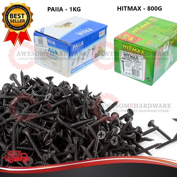 (1 BOX) HITMAX/PAIIA/SOKA BLACK DRYWALL SCREW BLACK SCREWS SKRU HITAM ...