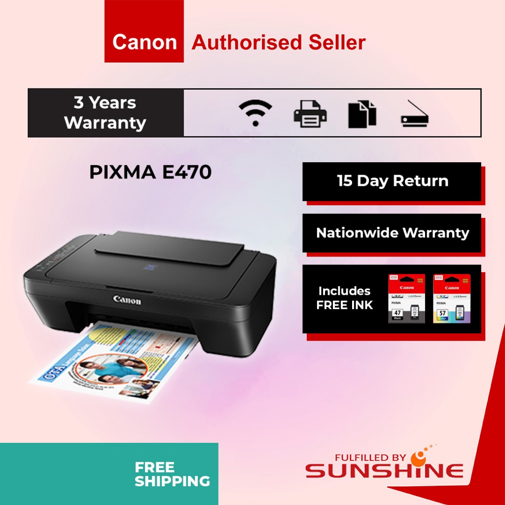 Canon Pixma E470 Wi-Fi All In One Colour Inkjet Printer PG47/CL57/CL57S/470/MG2577S/MG3070S/E470 ...