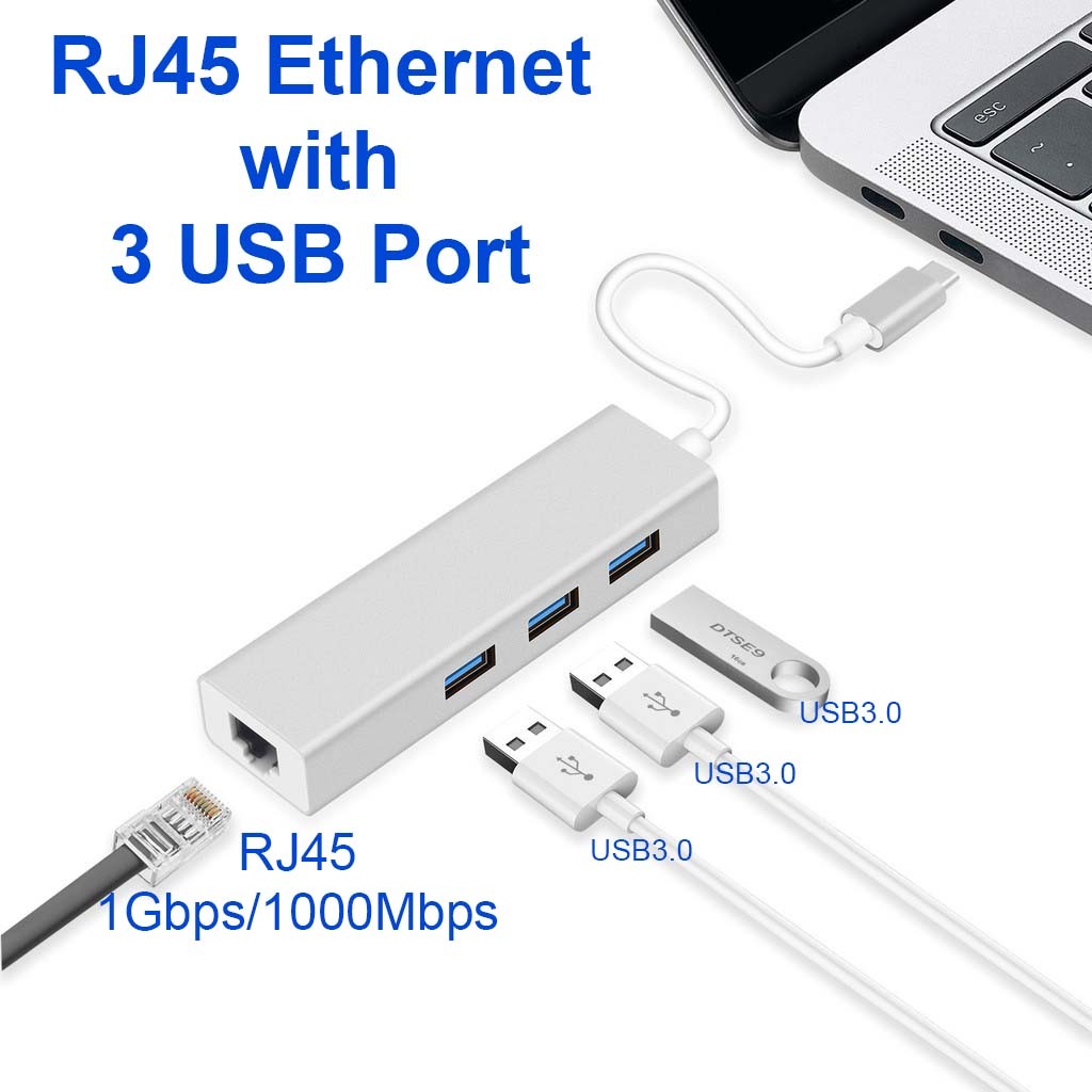 4in1 USB/Type-C to RJ45 Ethernet LAN Adapter With 3 Port USB Hub ...