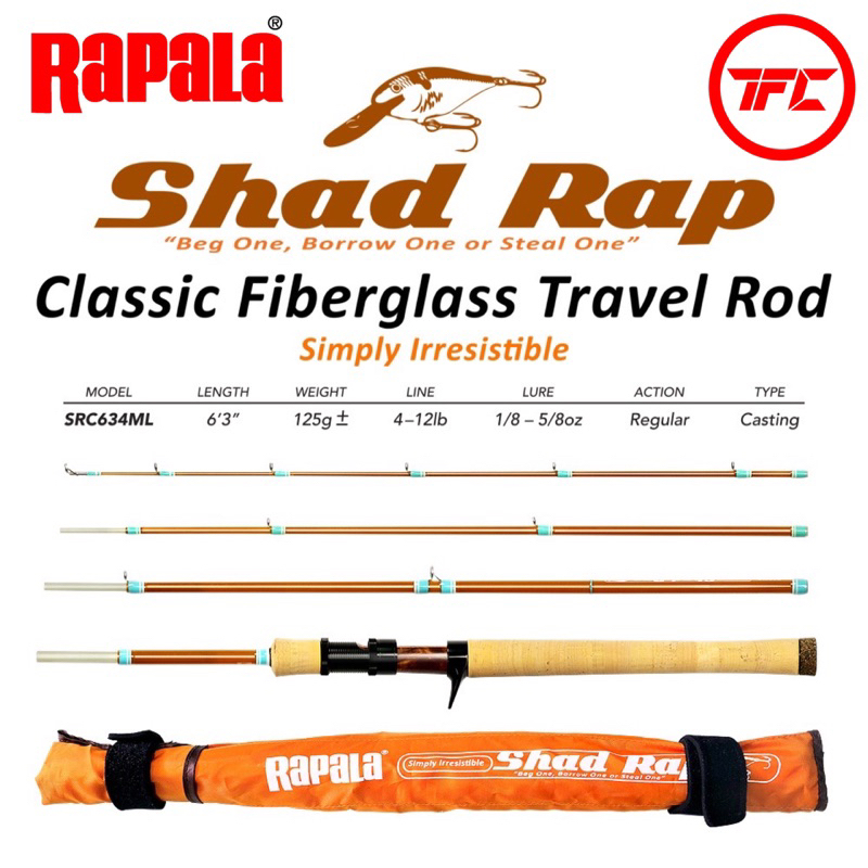Rapala Shad Rap Classic Fiberglass Travel Rod Baitcast Spinning BC ...