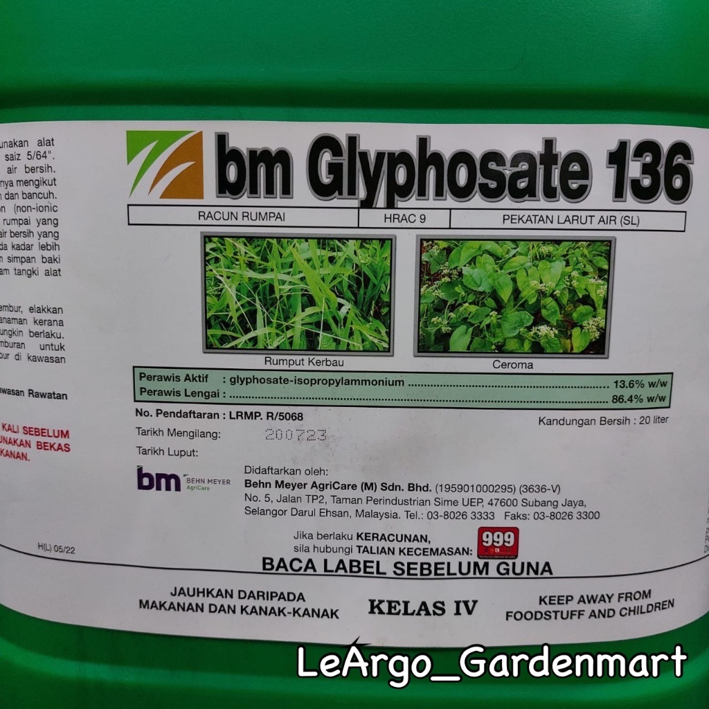 (Rumput) 20L bm glyphosate 136/behn meyer/Racun Rumpai/glyphosate ...