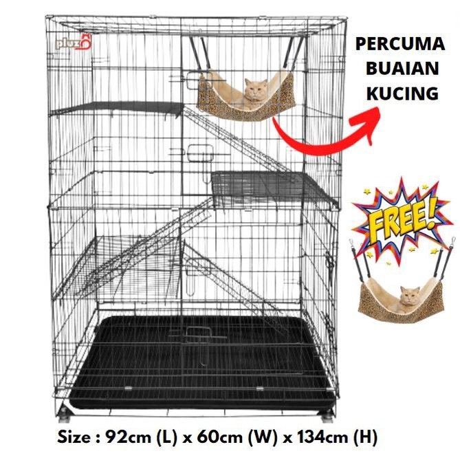 Sangkar kucing 3 Level Cat Cage (Large) Wrought Iron 92cm(L) x 60cm(W ...