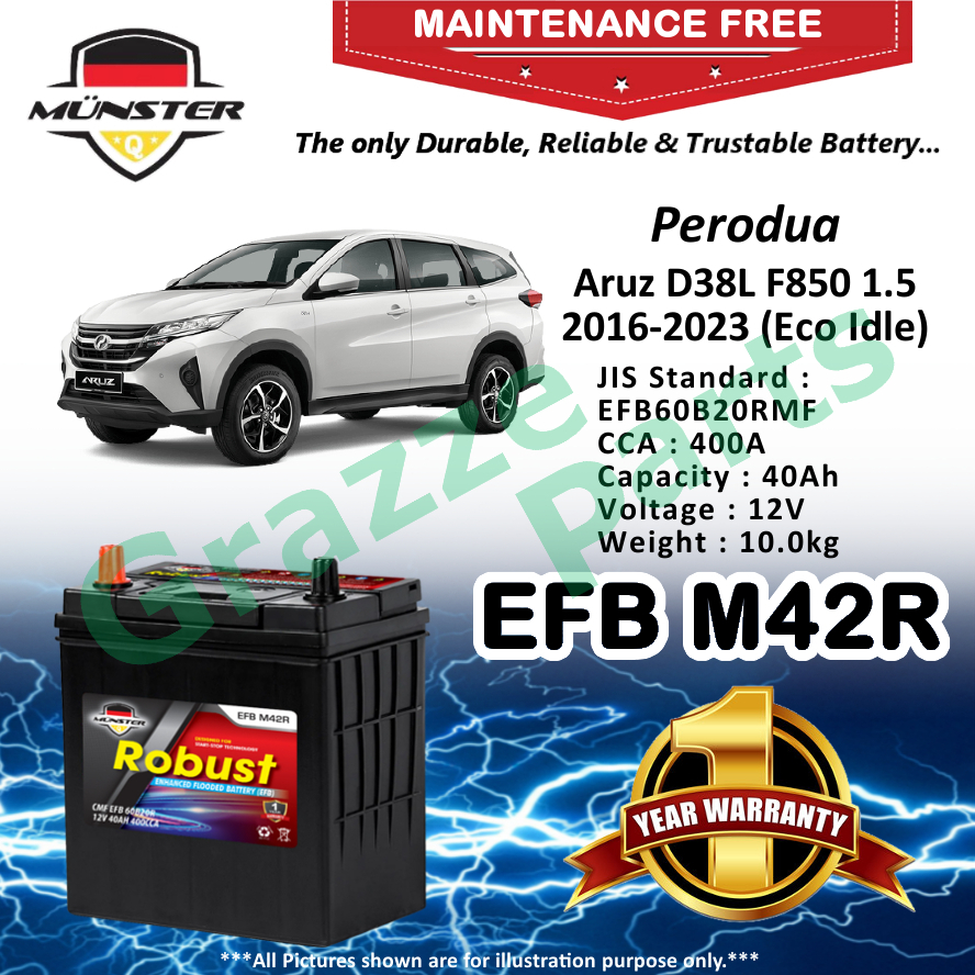 Münster Robust MF CMF EFB M42R B20R 60B20R 40AH Battery Bateri Kereta Perodua Aruz D38L F850 1.5 ...