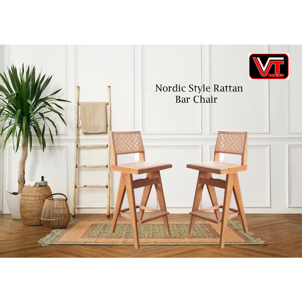 VT Nordic Style Solid Wood Rattan Bar Chair Counter Stool Kerusi Rottan ...