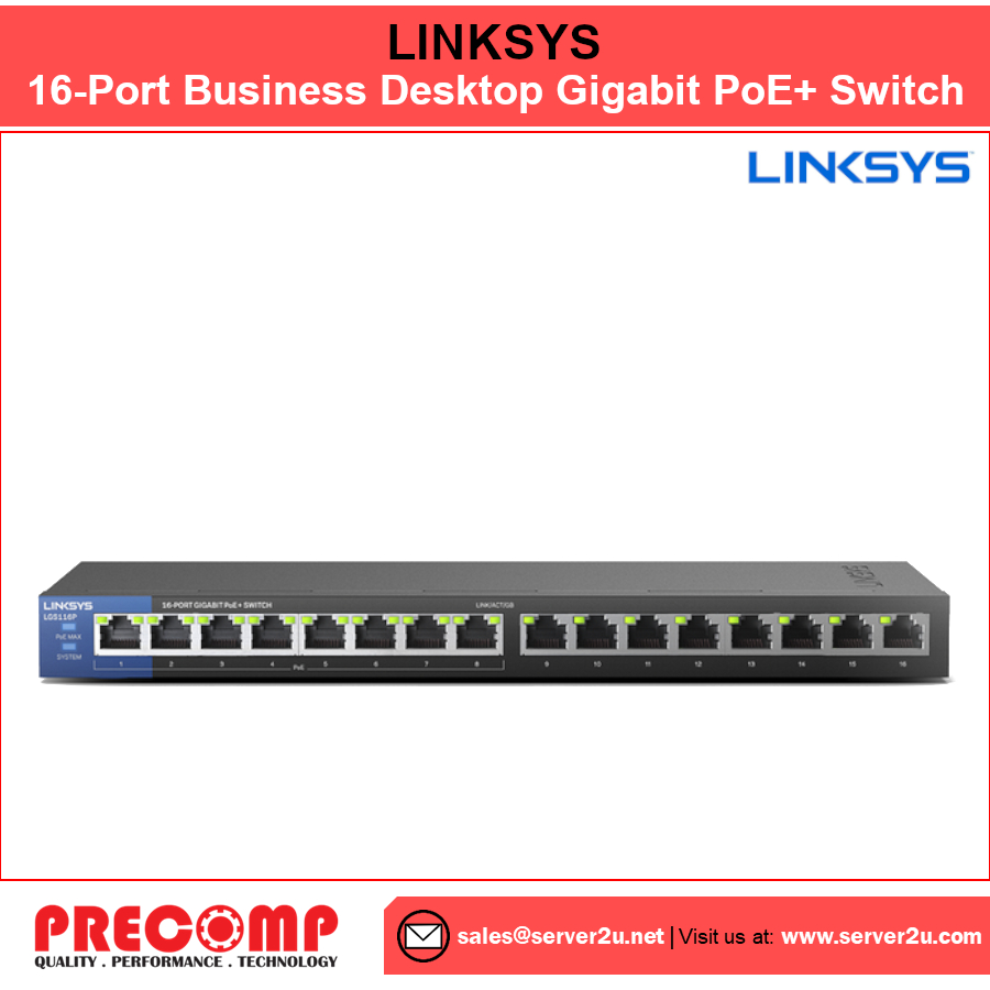 Linksys 16-Port Business Desktop Gigabit PoE+Switch (LGS116P-AP ...