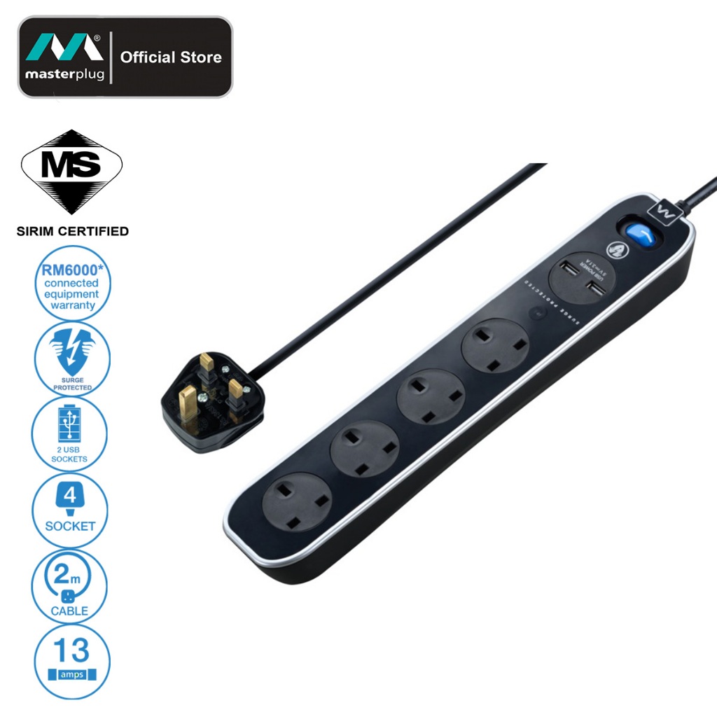 Masterplug Surge Protector 4 Gang 2 USB 3.1A 2 Meter Extension Leads ...