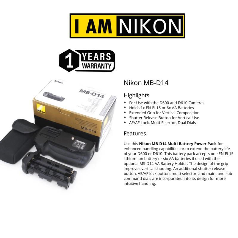 Nikon MB-D14 Battery Grip Power Pack for Nikon D600 D610 (1 Years ...