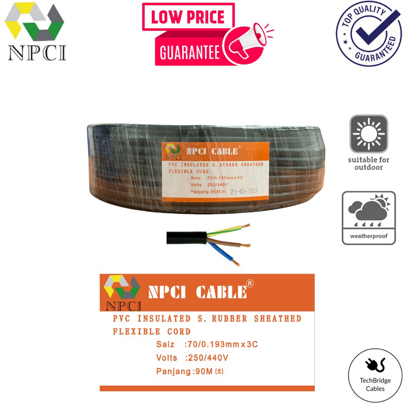 NPCI TRS (70/0.193) 3 Core PVC Insulated S.Rubber Sheathed Flexible ...
