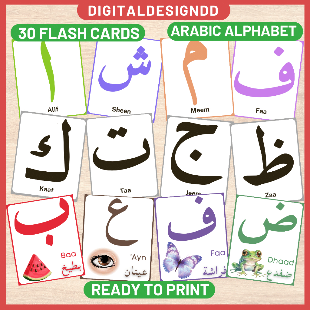 Arabic Alphabet Alif Ba Ta Digital PDF Flash Cards for baby toddler preschool kids Kad imbas ...
