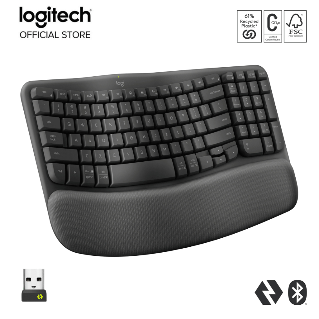 Logitech Wave Keys Wireless Ergonomic Keyboard With Cushioned Palm Rest Comfortable Natural