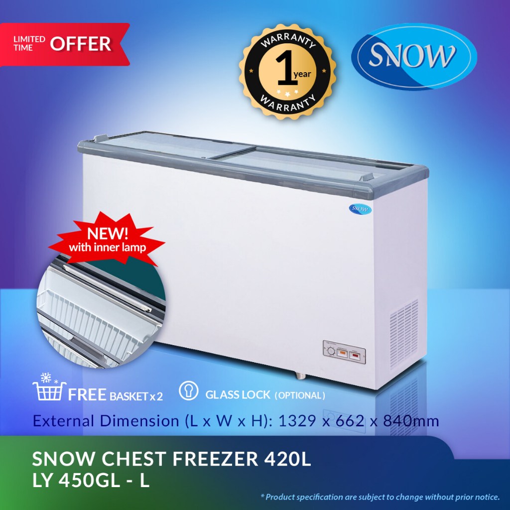 SNOW CHEST FREEZER (FLAT GLASS SLIDING LID FREEZER 420LITER ) LY450GLL ...
