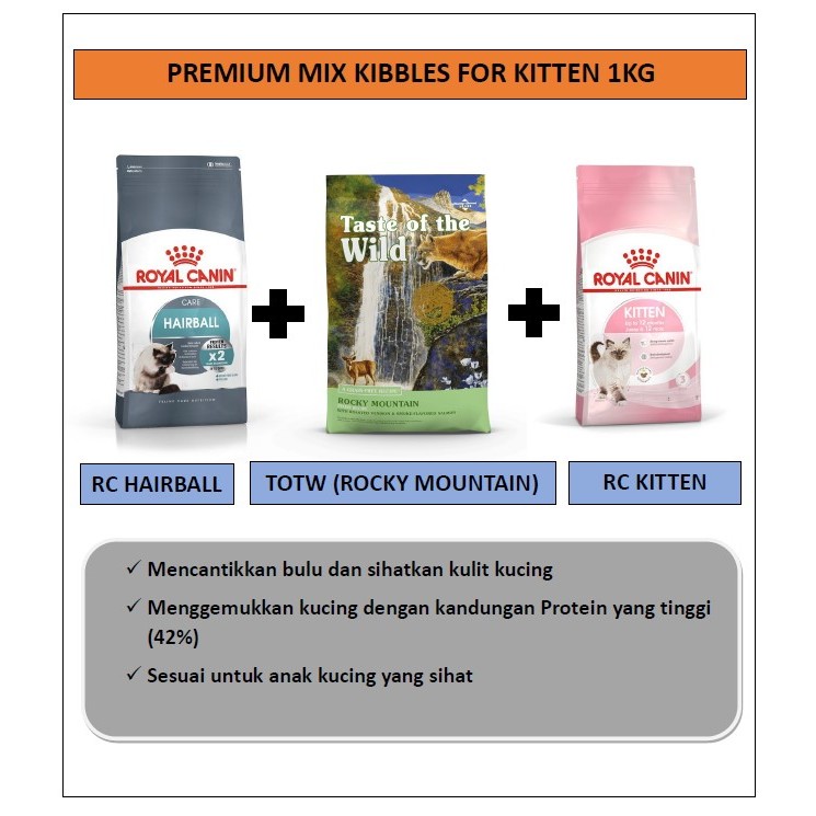 Premium Mix Kibbles for Kitten 1KG (RC Kitten + RC Hair & Skin + Taste ...