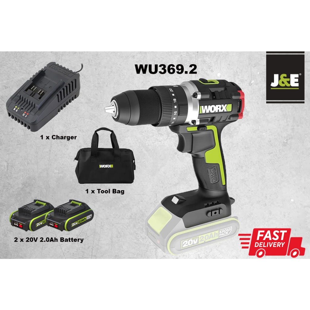 J&E WORX PROFESSIONAL WU369 20V Cordless Battery With Brushless Motor Impact Drill Worx IMPACT ...