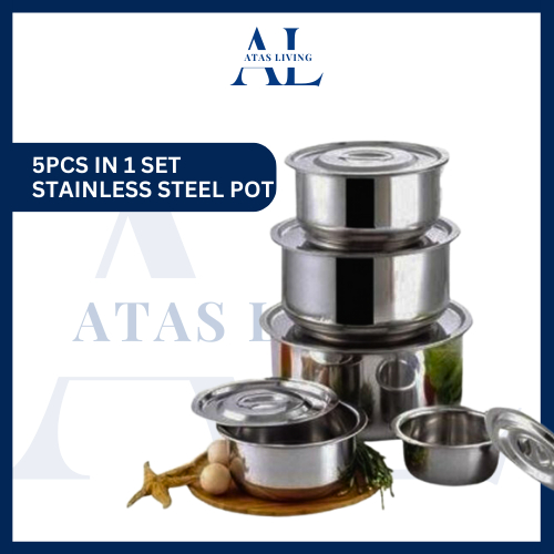 🔷ATAS🔷 5Pcs Set Multipurpose Stainless Steel Stock Pot With Lid Periuk ...
