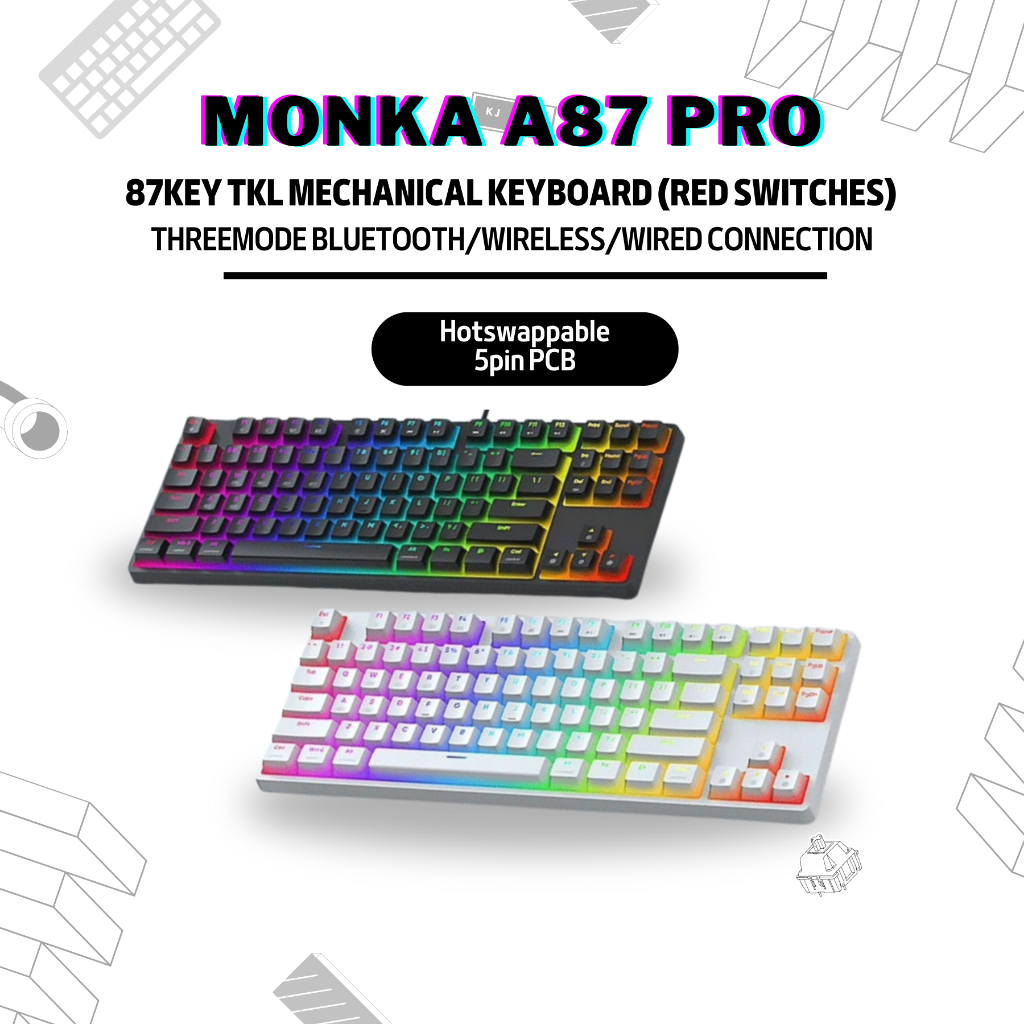 Monka A87Pro Tri-Mode Mechanical Keyboard【Bluetooth,Wireless,USB】Hotswappable Red switches ...