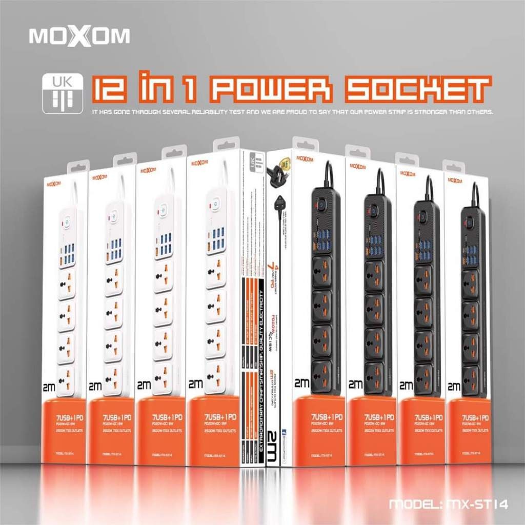 Ready Stock MOXOM MX-ST14 Extension 2500W Max 4 Power Socket 7 USB 1 PD ...