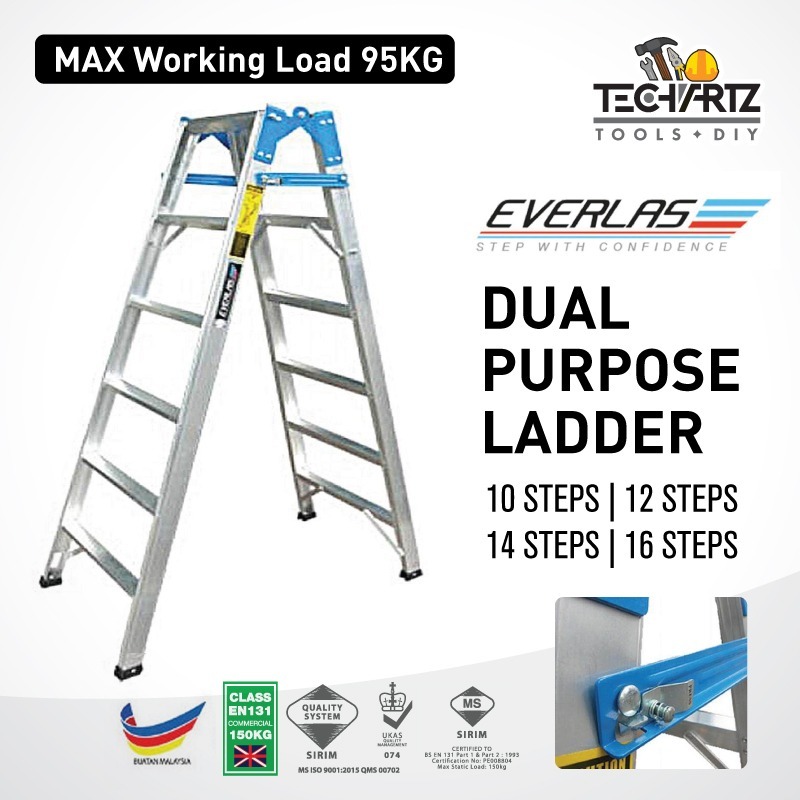 Everlas Dual Purpose Ladder Aluminium Ladder - Silver 10/12/14/16 Steps ...