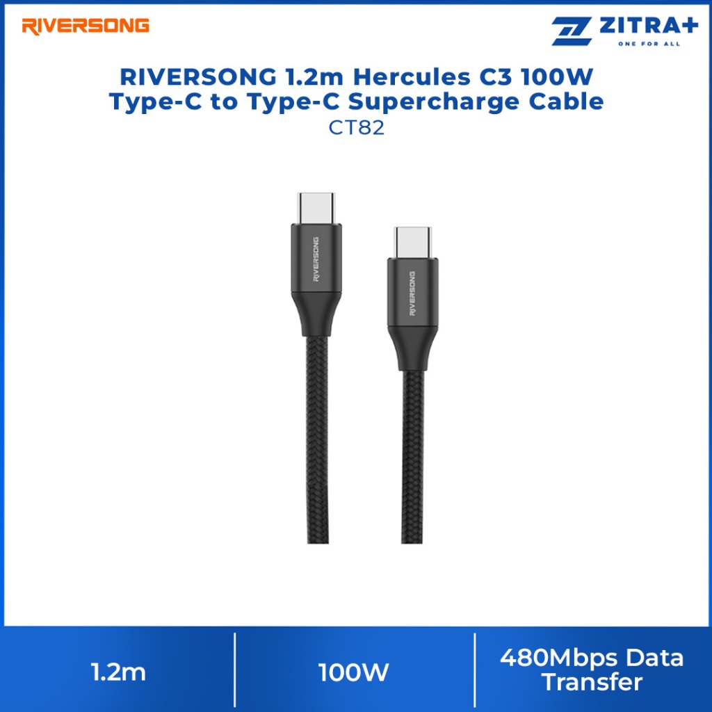 RIVERSONG 1.2m Hercules C3 100W Type-C to Type-C Supercharge Cable CT82 ...