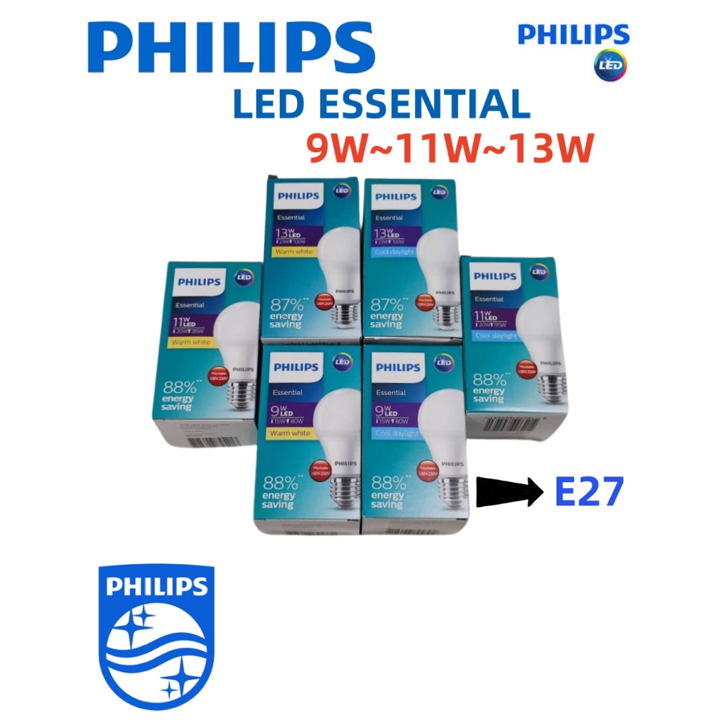 Philips 9W/11W/13W Essential LED bulb E27 Cool Daylight 6500K/ WARMWHITE 3000K | Shopee Malaysia
