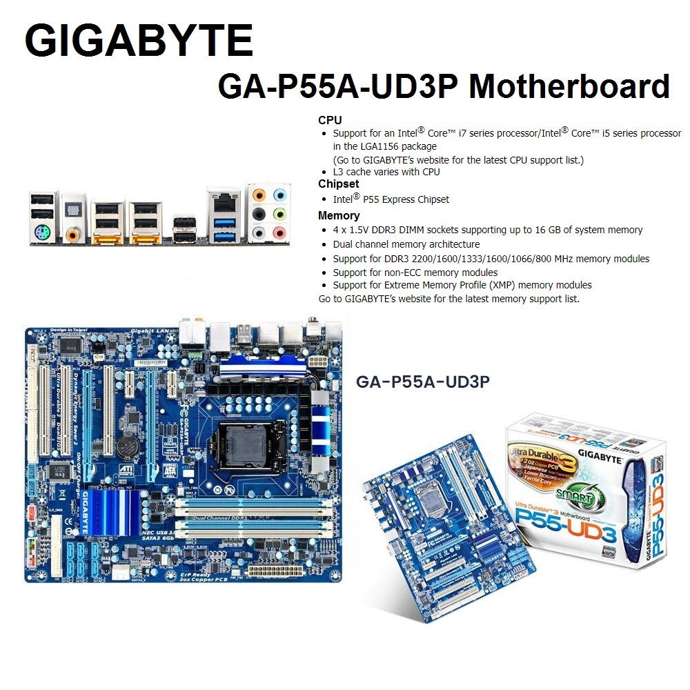 GIGABYTE GA-P55A-UD3P Motherboard Support Socket LGA1156, i3,i5,i7 ...