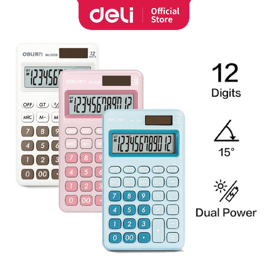 Deli Desktop Calculator 12 Digit Dual Power Soft Lighting Display Blue 1200-BLU/1200-PINK/1200 ...