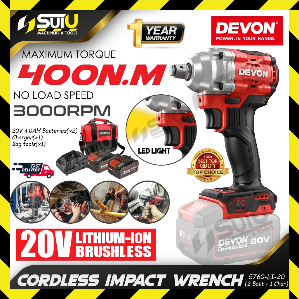 [100% ORIGINAL] DEVON 5760-LI-20 20V 400NM 1/2" Brushless Cordless Impact Wrench / Sepana Impak ...