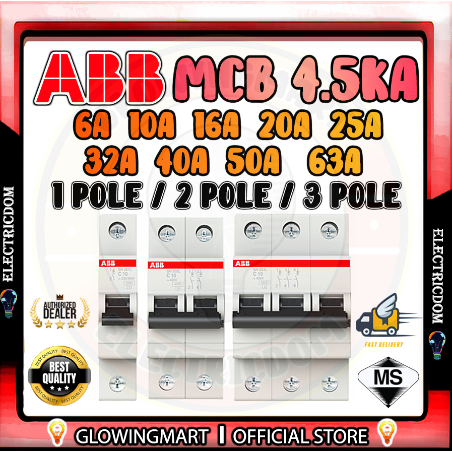 ABB 6kA MCB SH202 6A, 10A, 16A, 20A, 25A, 32A, 40A, 50A, 63A | 2 POLE (2P) | C-CURVE 4.5kA / 6kA ...