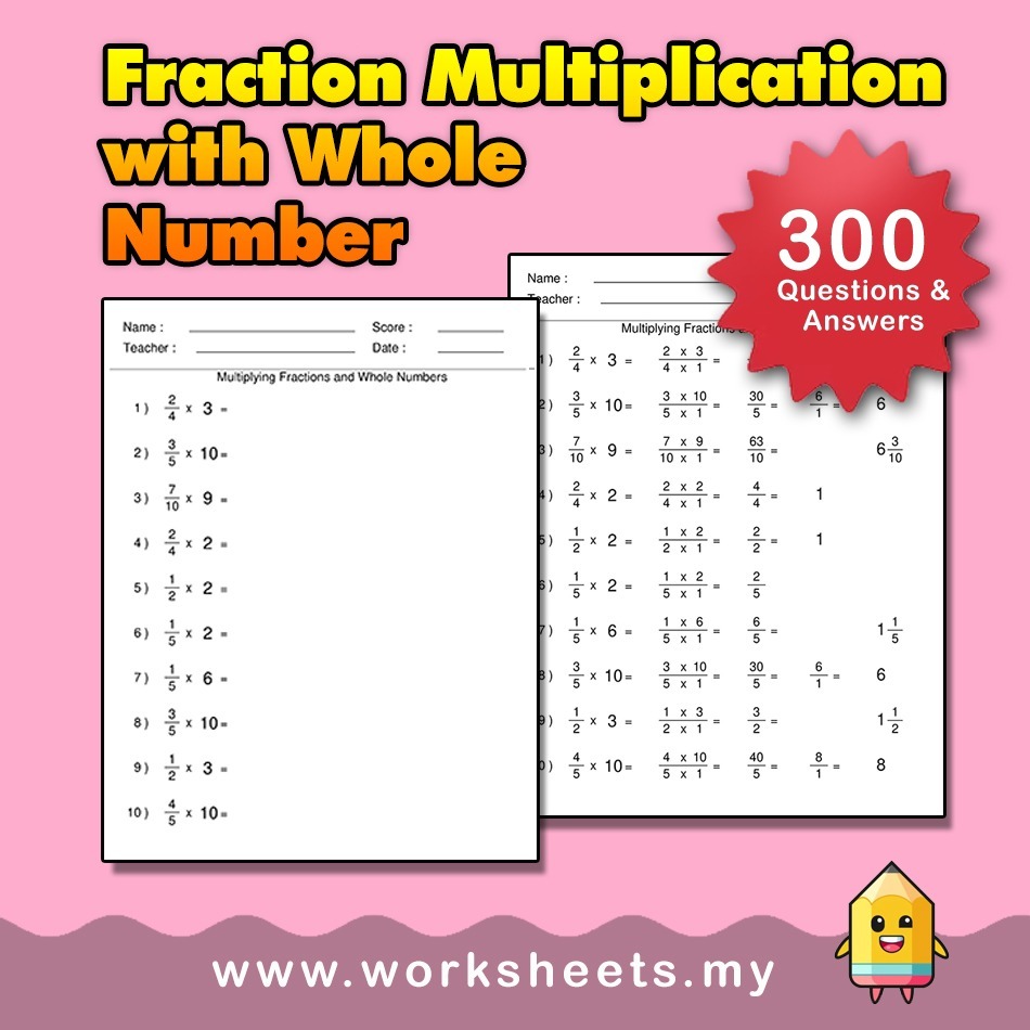 IGCSE Mathematics Worksheets: Fraction Multiply Whole Number 900 Q+A ...
