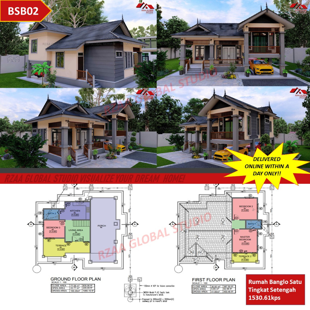 BSB02 PELAN RUMAH BANGLO SATU TINGKAT SETENGAH IDAMAN BERKELUASAN 1 ...
