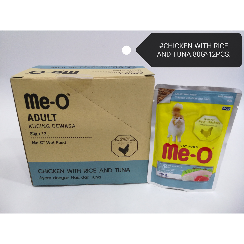 (48xPacks) Me-O Pouch Adult Wet Cat Food Feed Chicken with Rice and Tuna 80g | Shopee Malaysia
