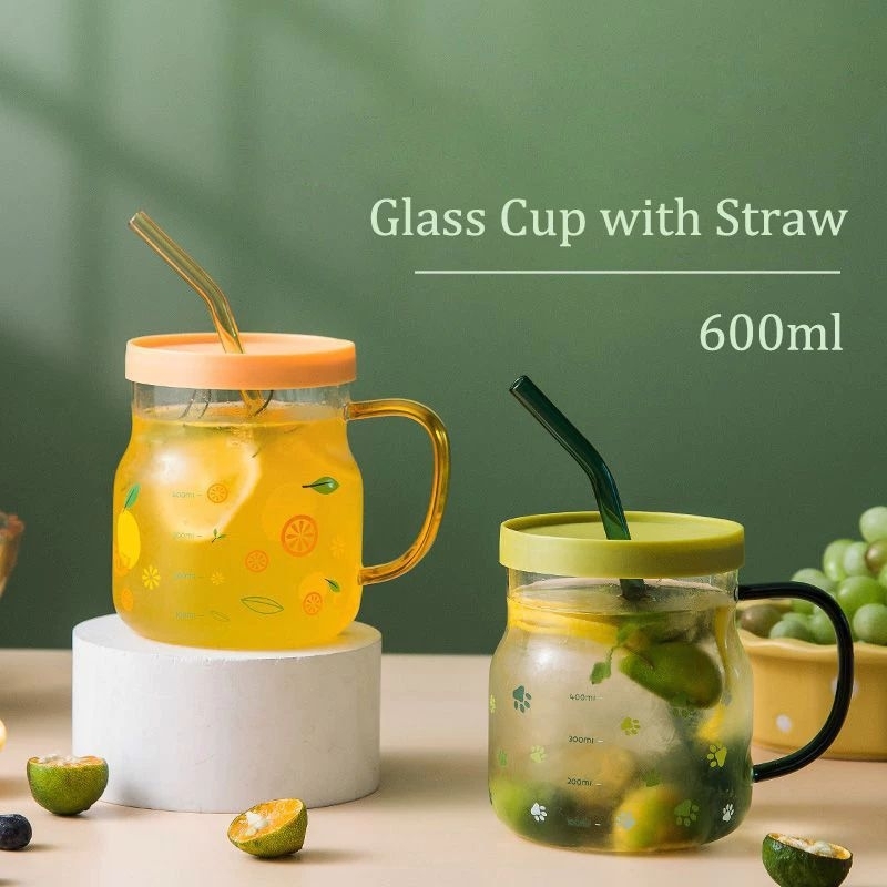Transparent Glass Cup with Straw with Handle Botol Air 600ml Gelas Cawan Kaca Doorgift 玻璃杯子 ins ...