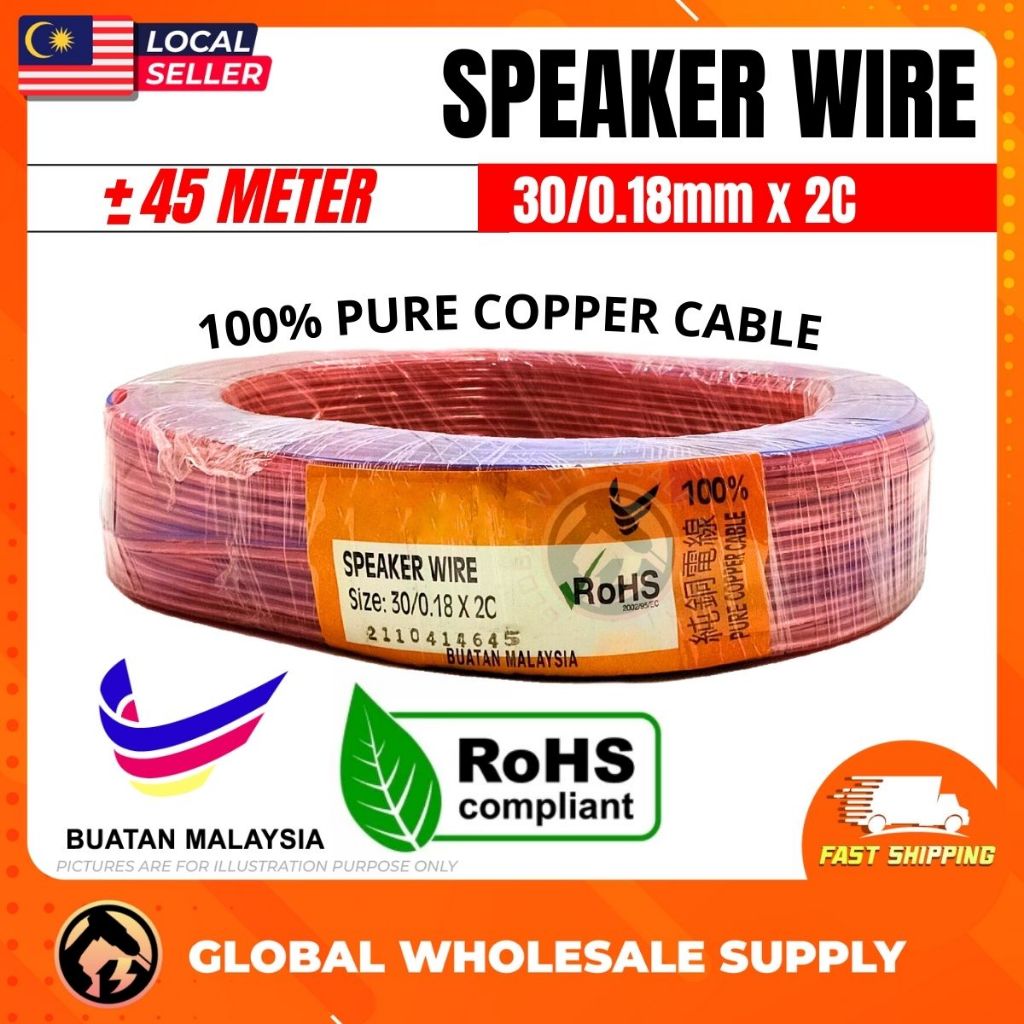 1 ROLL 30/0.18mm X 2C Speaker Wire Full Copper 45 METER 100 Pure Copper Cable Speaker Buatan ...