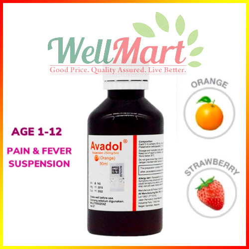 Avadol ( Paracetamol ) suspension 250mg/5ml [ Orange/Strawberry ] 90ml ...