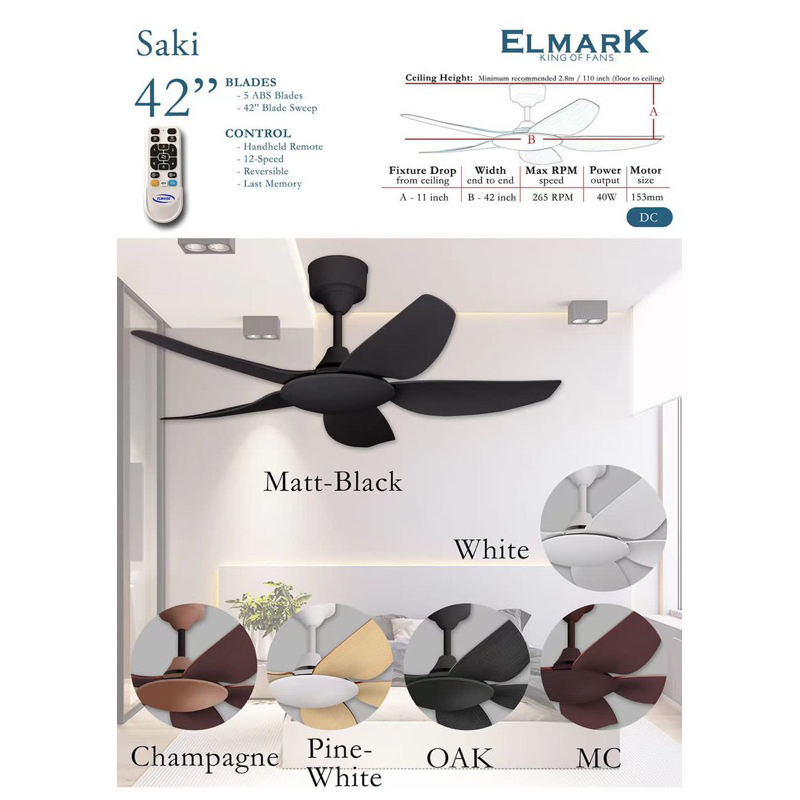 (New) Elmark Saki Ceiling Fan 56/42 inch Remote Control (DC Motor) 5 ...