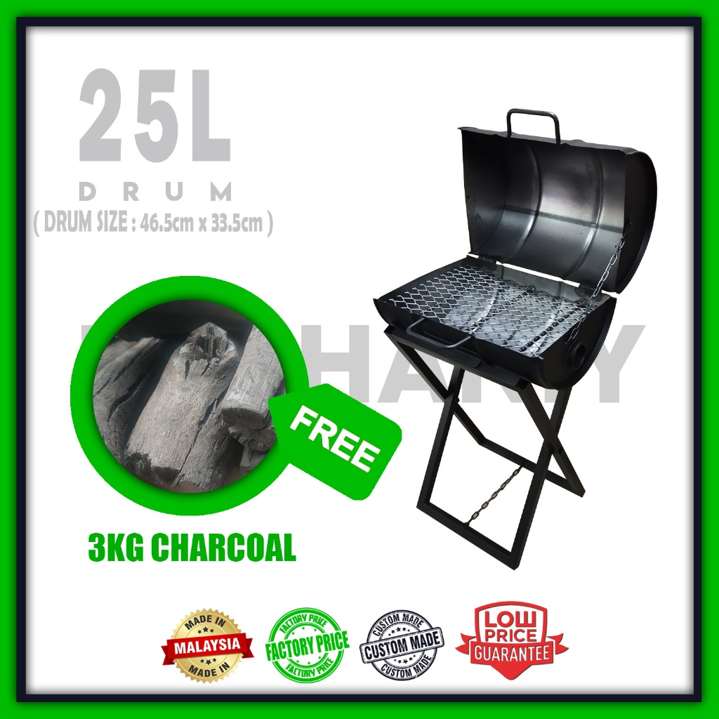 BBQ Grill Outdoor Drum Set Tong Drum 25L BBQ Set Complete With Grill Net Small Size (Full Set ...