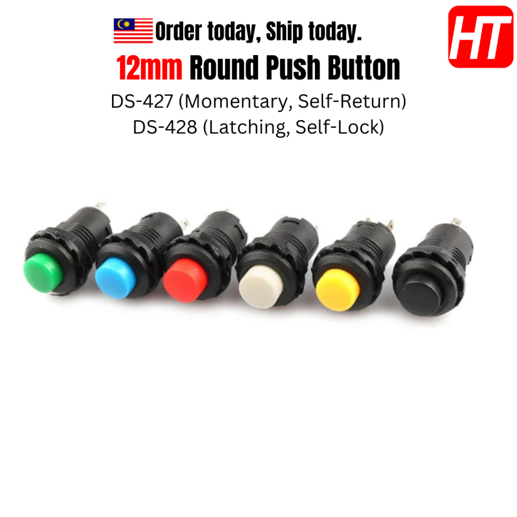 [2-pcs] DS427 DS428 Momentary /Self-Lock Push button Switch 12mm OFF-ON ...