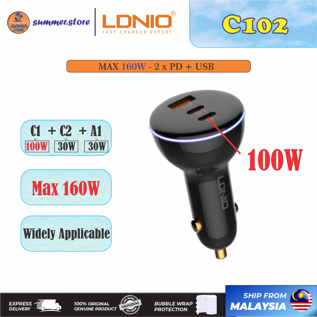 LDNIO C102 160W Car super fast charger PD C1 100W + C2 30W + A1 QC 30W ...