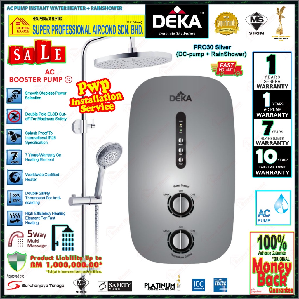 Deka Water Heater PRO30 Series Rain Shower Set With AC Booster Pump ...