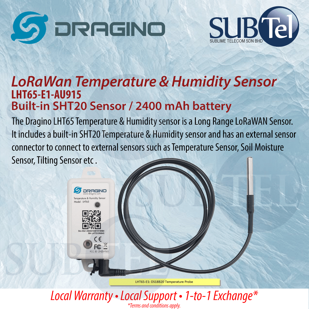 Dragino LHT65-E1-AU915 LoRaWan Temperature & Humidity Sensor Tri-color Remote Built-In 2400mAh ...