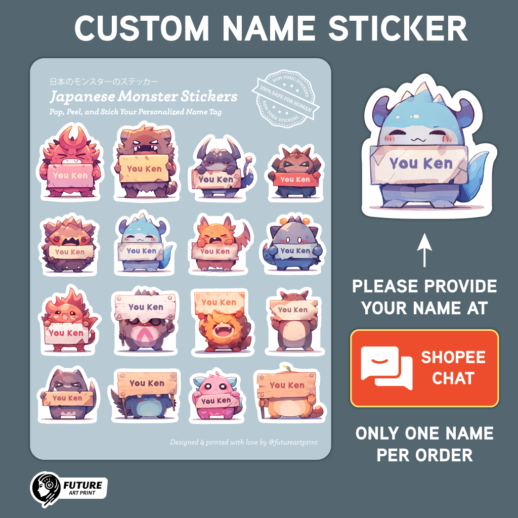 Custom Personalized Name Tag Cute Sticker. Japanese Monster Stickers ...