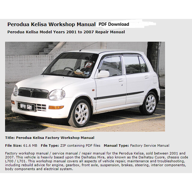 Perodua Kelisa Workshop Manual Model Years 2001 to 2007 PDF Download | Shopee Malaysia