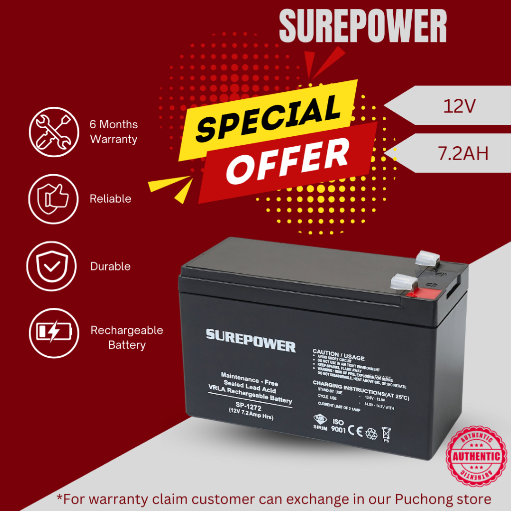 SUREPOWER Maintenance Free Sealed Lead Acid Battery (12V 7.2AH) Bateri ...